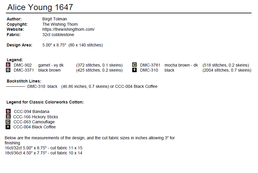 Alice Young 1647 Sampler Paper Chart – The Wishing Thorn